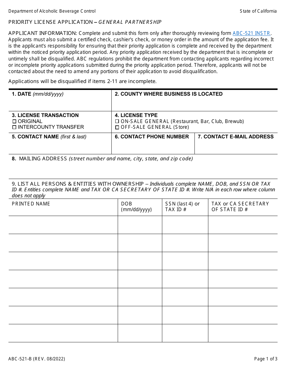 Form ABC-521-B - Fill Out, Sign Online and Download Fillable PDF ...
