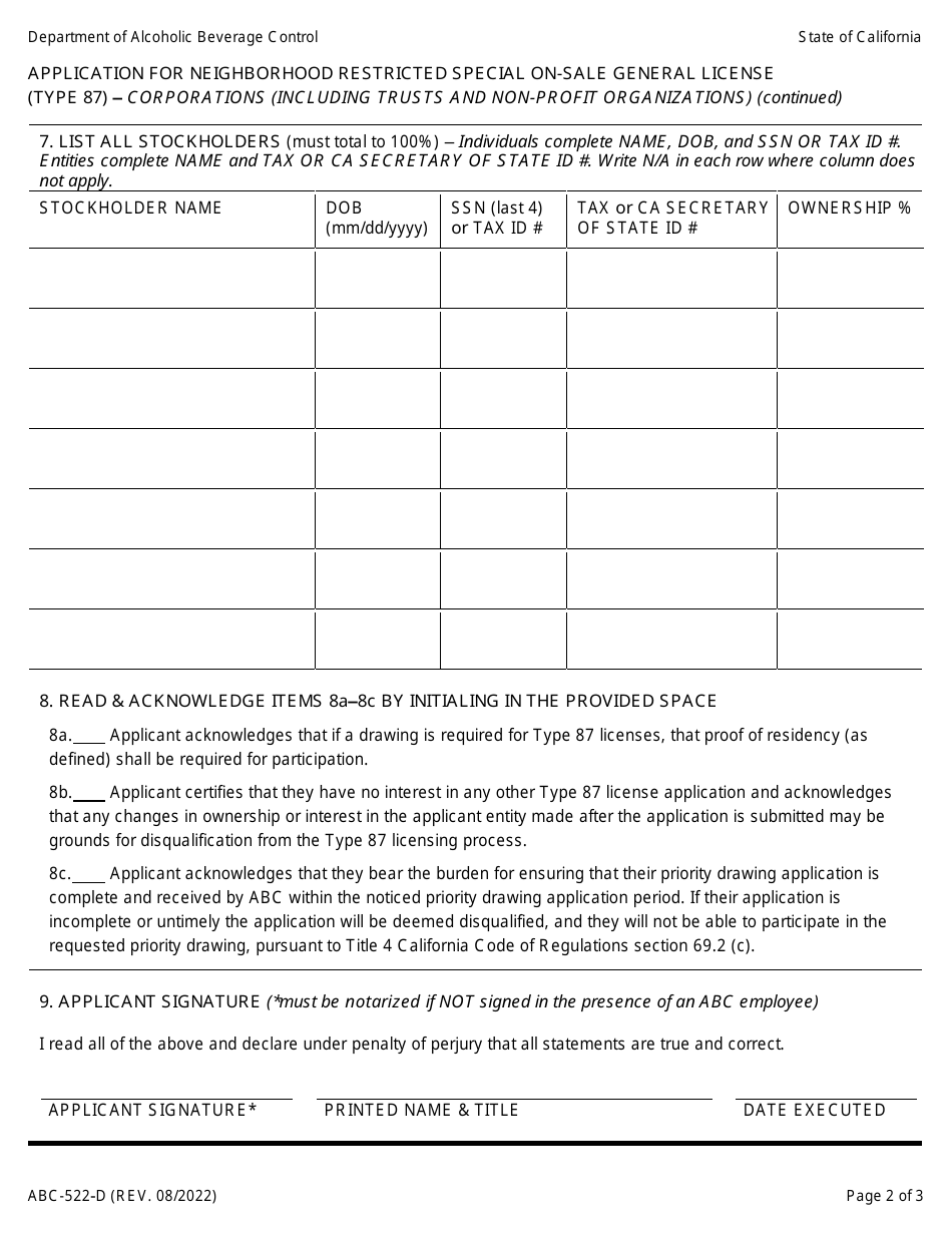 Form ABC-522-D - Fill Out, Sign Online and Download Fillable PDF ...