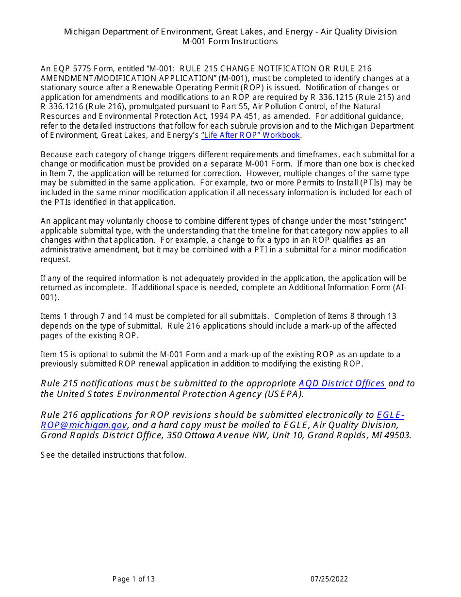 Download Instructions for Form M-001, EQP5775 Renewable Operating ...