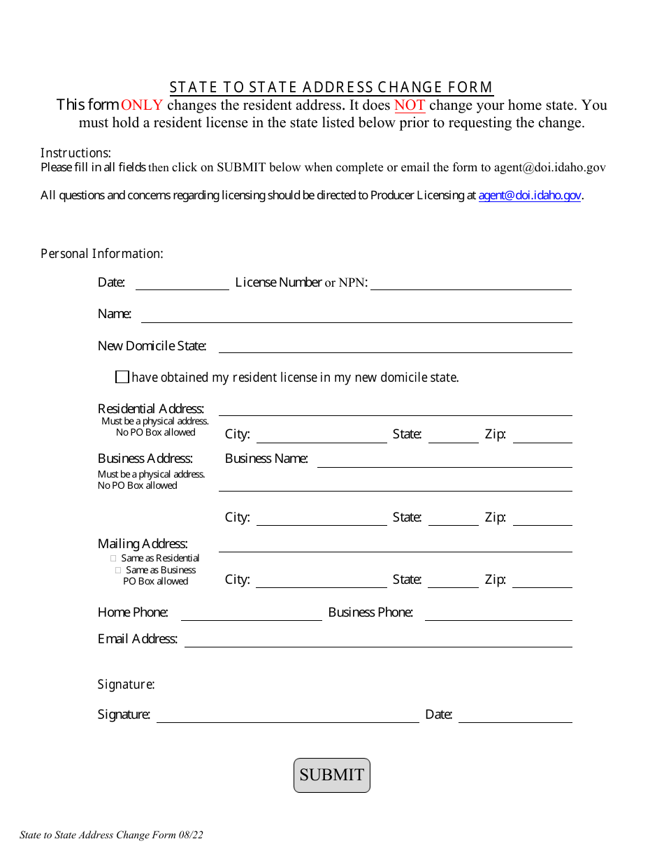 Idaho State to State Address Change Form Download Fillable PDF | Templateroller