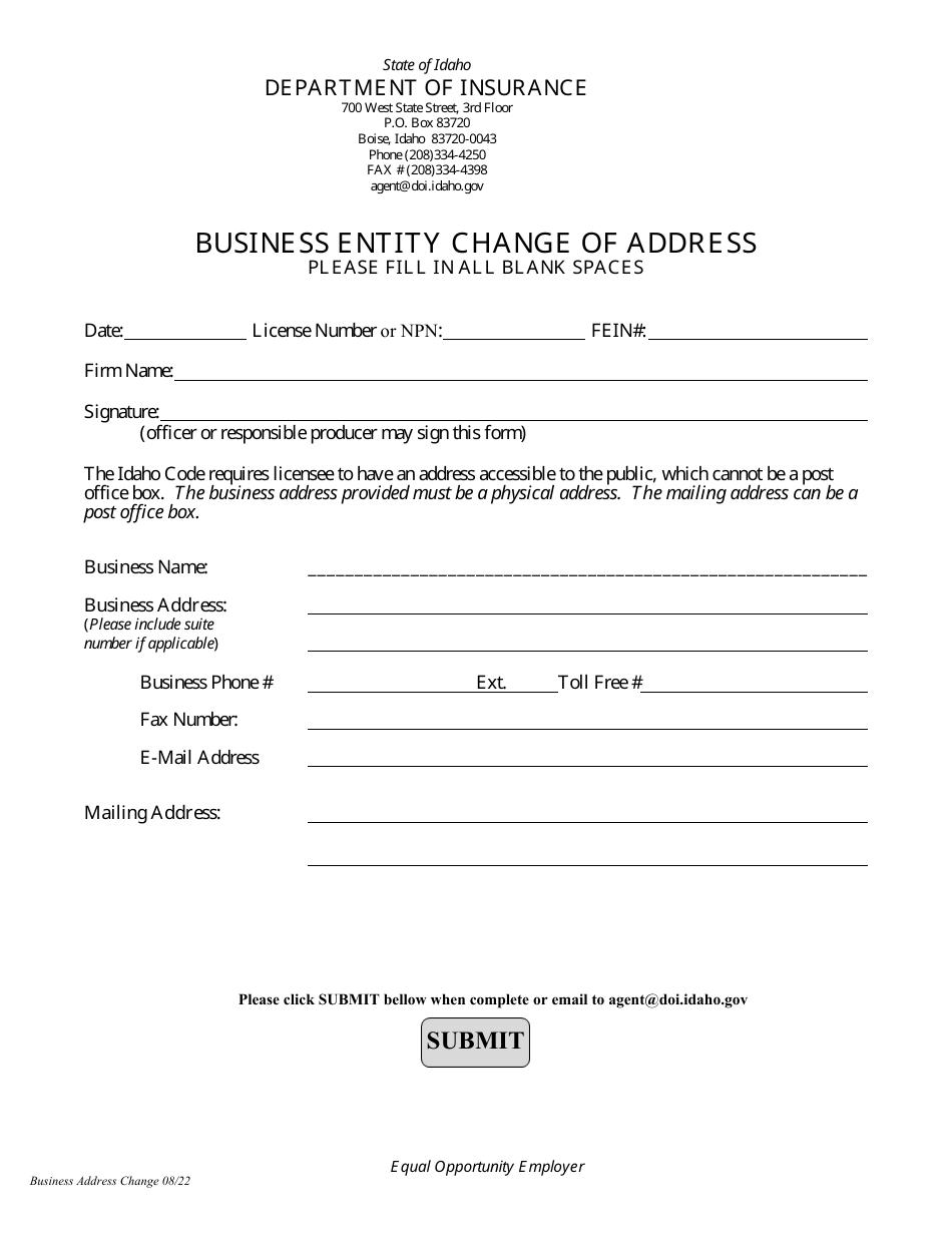 Idaho Business Entity Change of Address Download Fillable PDF 2021 ...