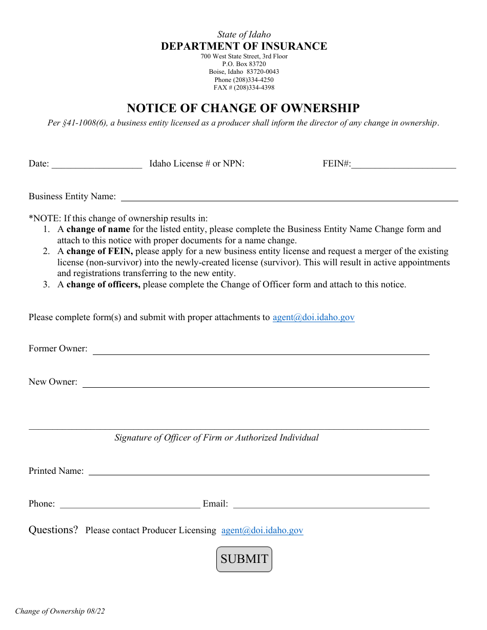 Idaho Notice of Change of Ownership Download Fillable PDF | Templateroller