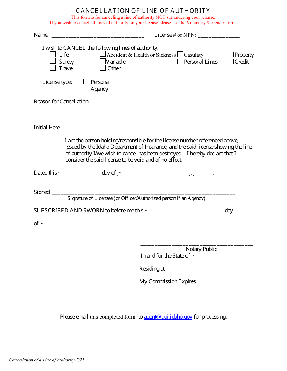 Idaho Cancellation of Line of Authority - Fill Out, Sign Online and ...