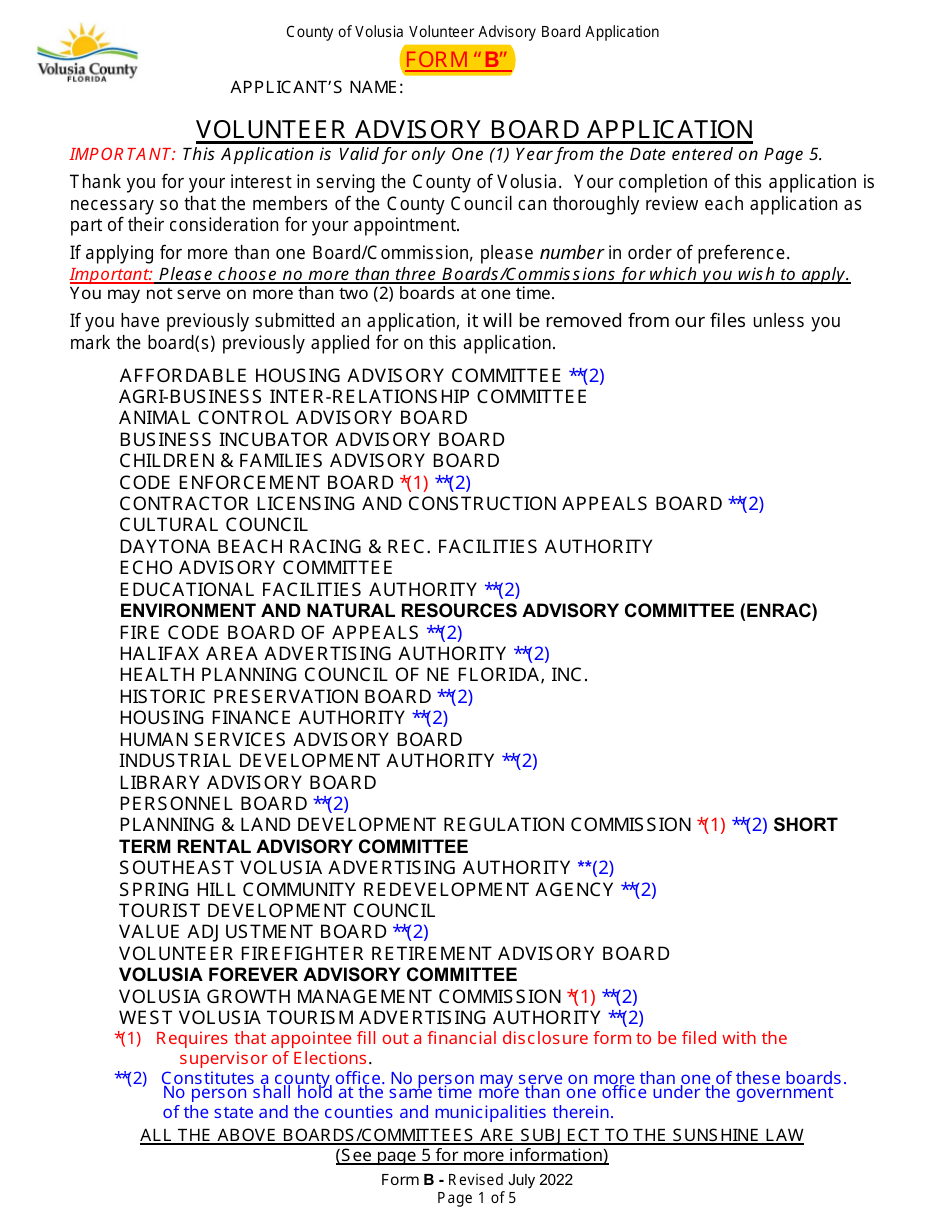Form B - Fill Out, Sign Online and Download Fillable PDF, Volusia ...