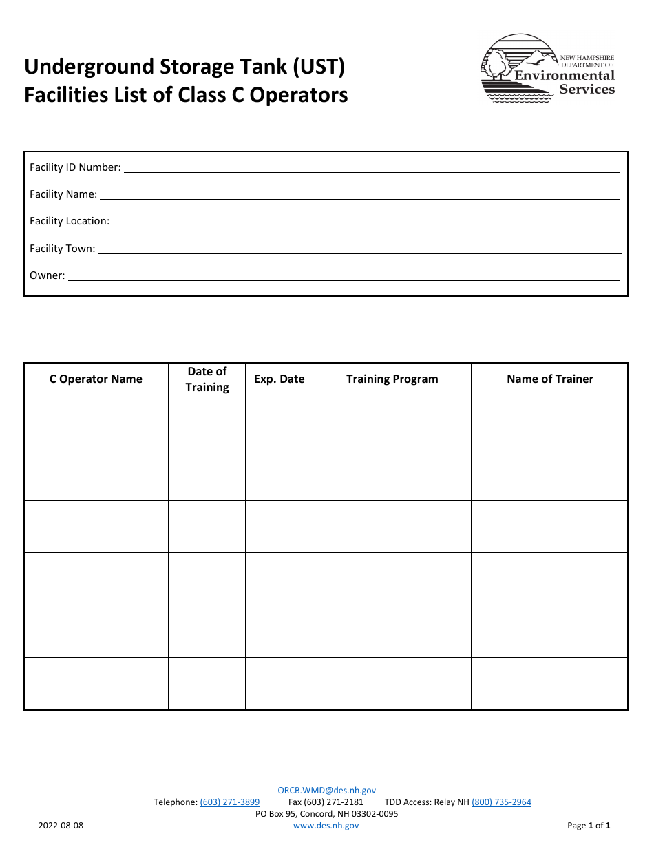 New Hampshire Underground Storage Tank (Ust) Facilities List of Class C ...