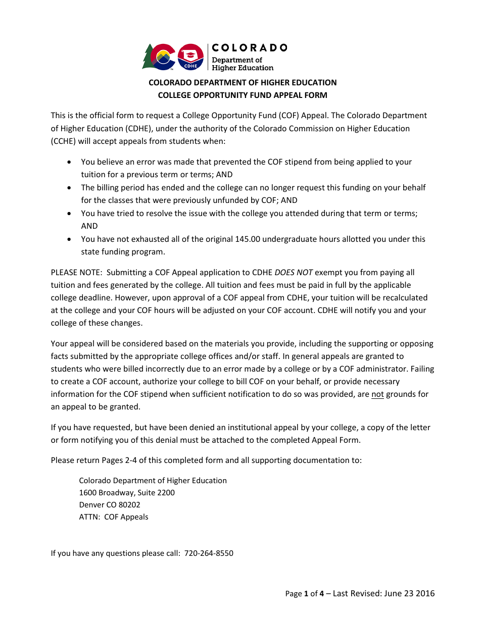 Colorado College Opportunity Fund Appeal Form - Fill Out, Sign Online ...