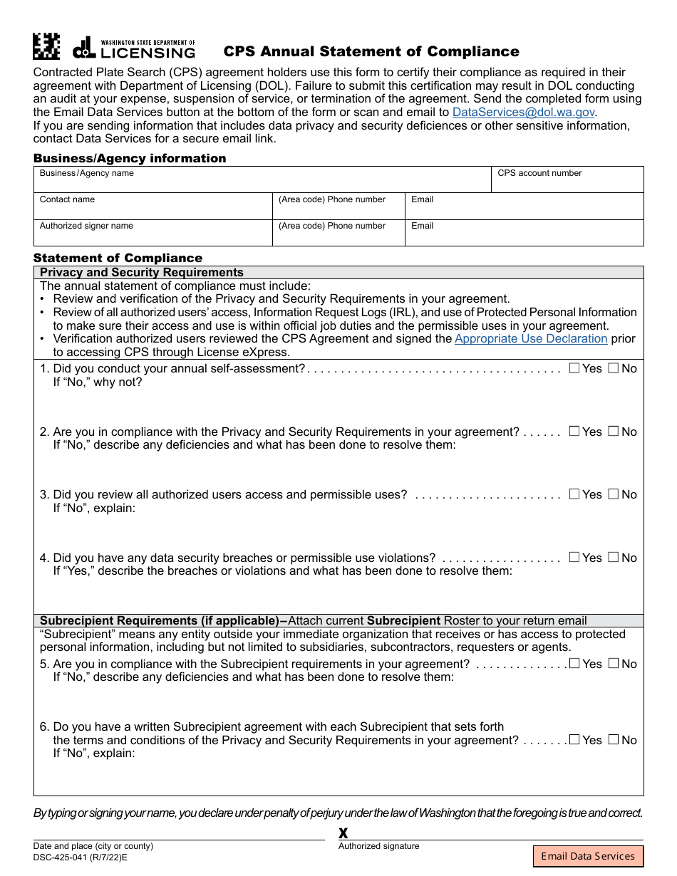 Form DSC-425-041 Download Fillable PDF or Fill Online Contracted Plate ...