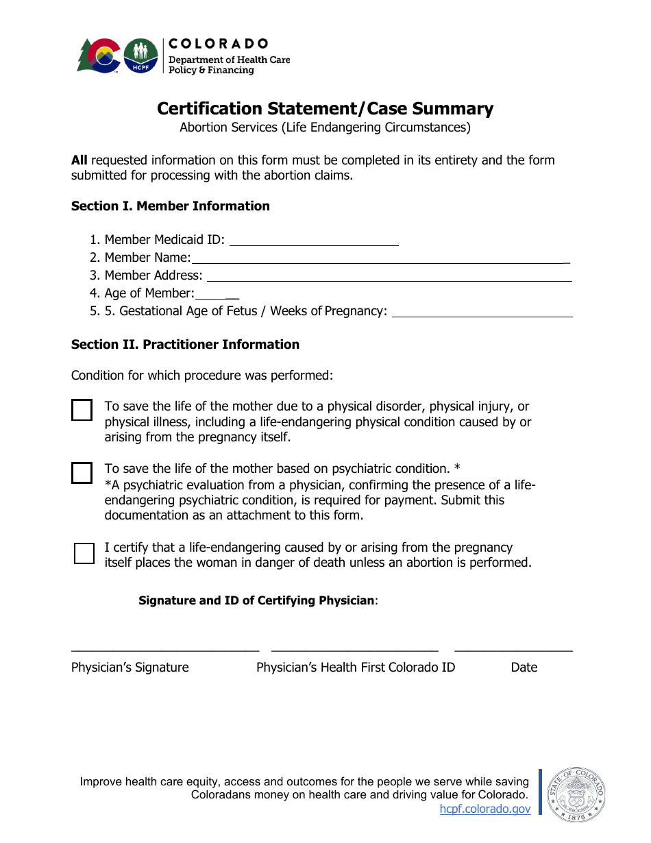 Colorado Certification Statement/Case Summary - Abortion Services (Life Endangering ...