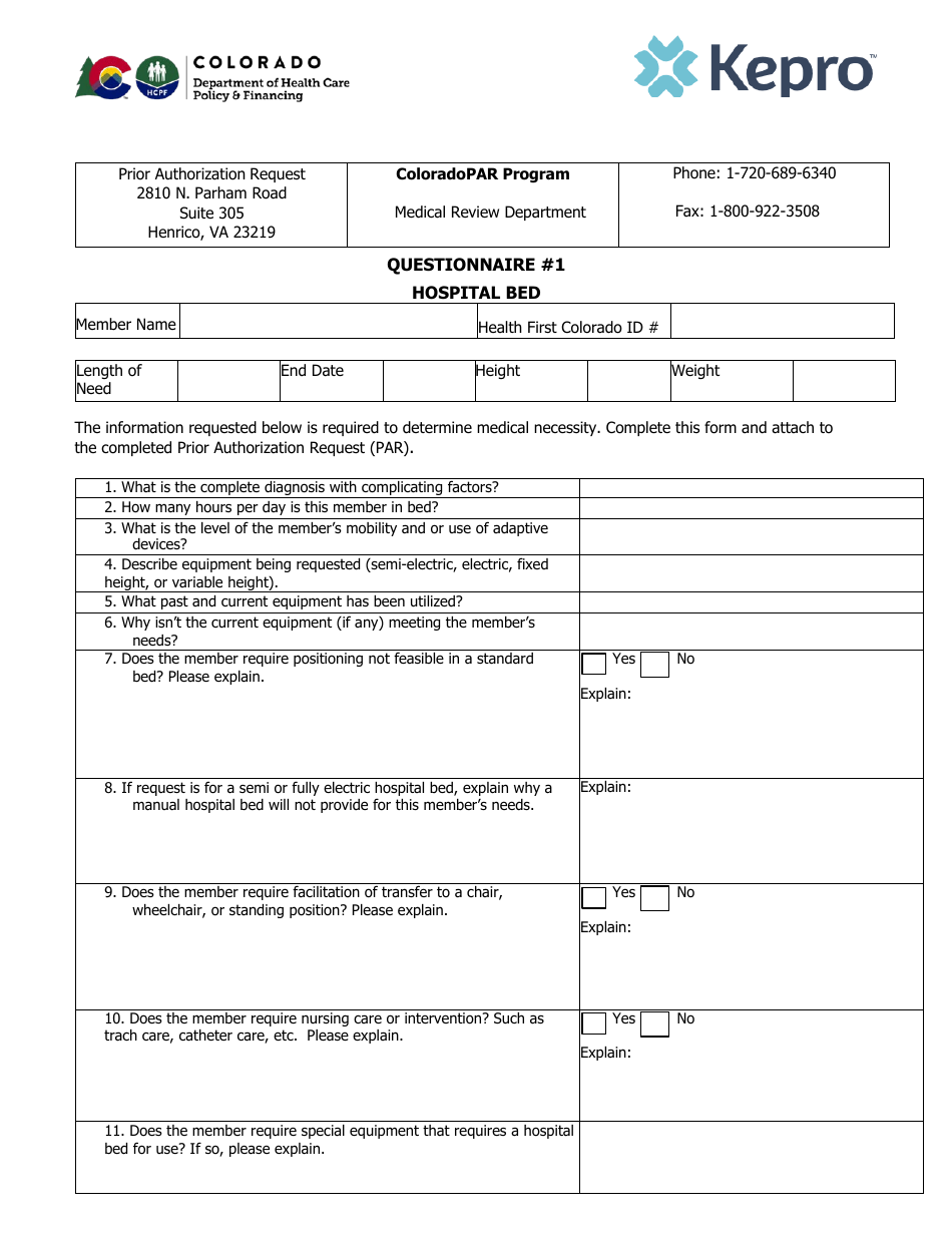 Colorado Questionnaire #1 - Hospital Bed Download Fillable PDF ...