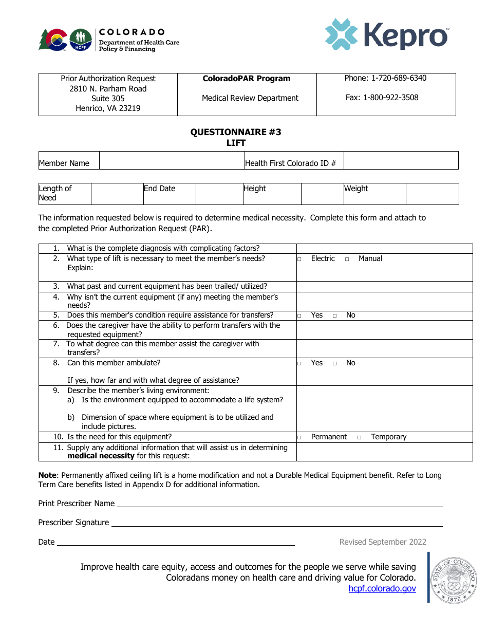 Colorado Questionnaire #3 - Lift Download Printable PDF | Templateroller