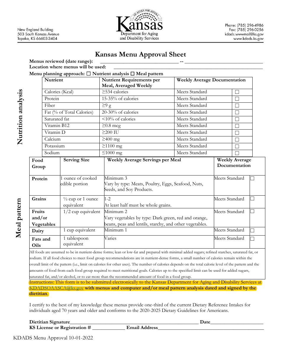 Kansas Kansas Menu Approval Sheet - Fill Out, Sign Online and Download ...