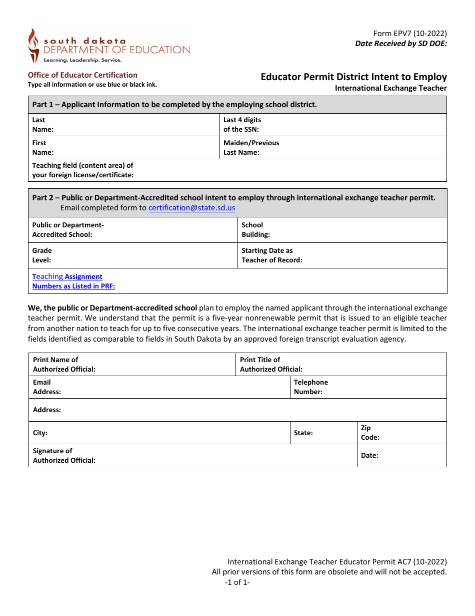 Form EPV7 - Fill Out, Sign Online and Download Fillable PDF, South ...