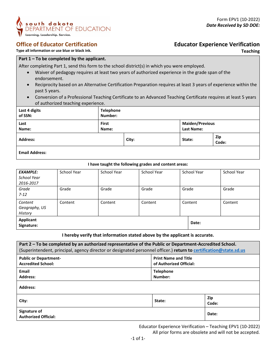 Form EPV1 - Fill Out, Sign Online and Download Fillable PDF, South ...
