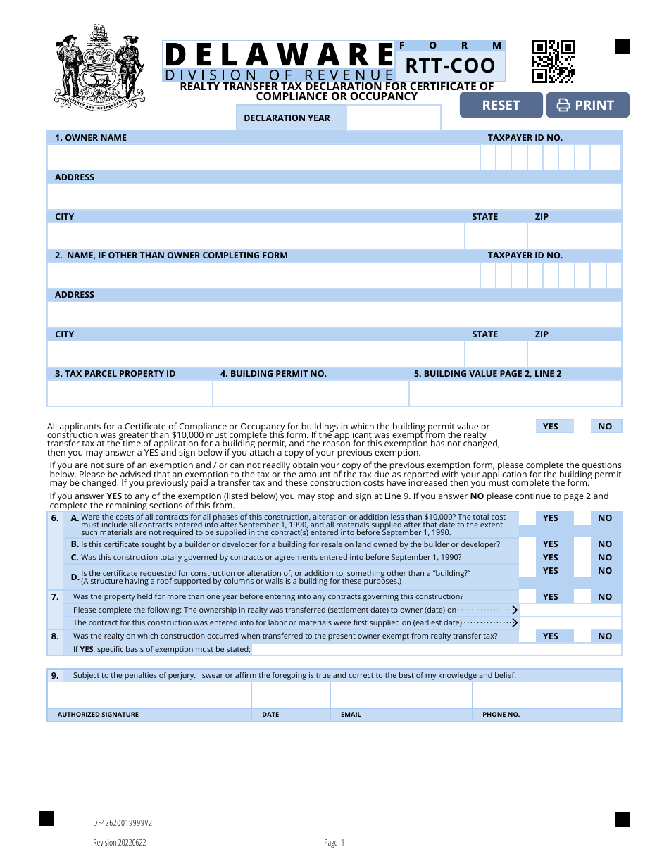 Form RTT-COO Download Fillable PDF or Fill Online Realty Transfer Tax ...