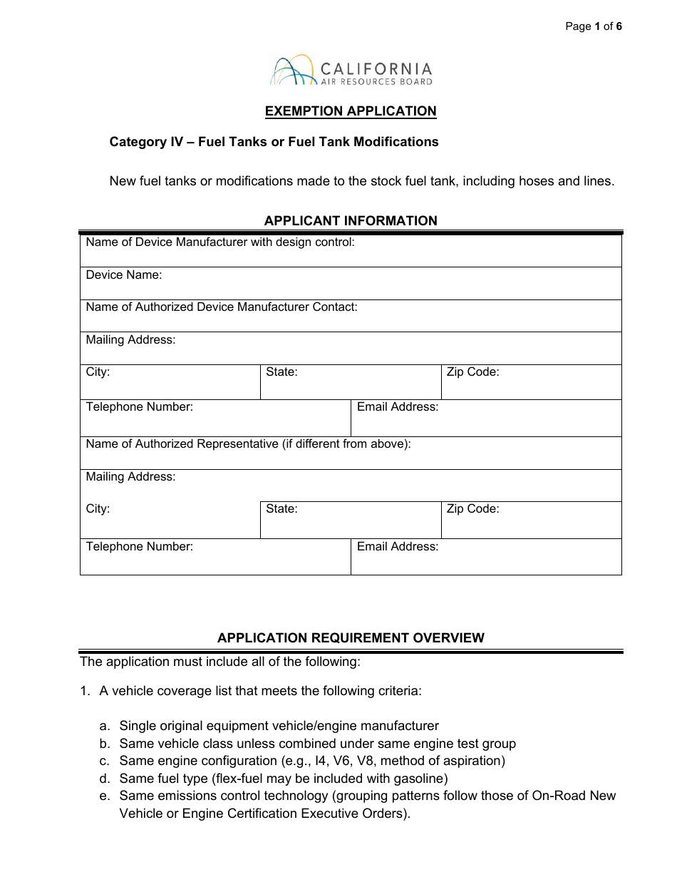 California Exemption Application - Category IV - Fuel Tanks or Fuel ...