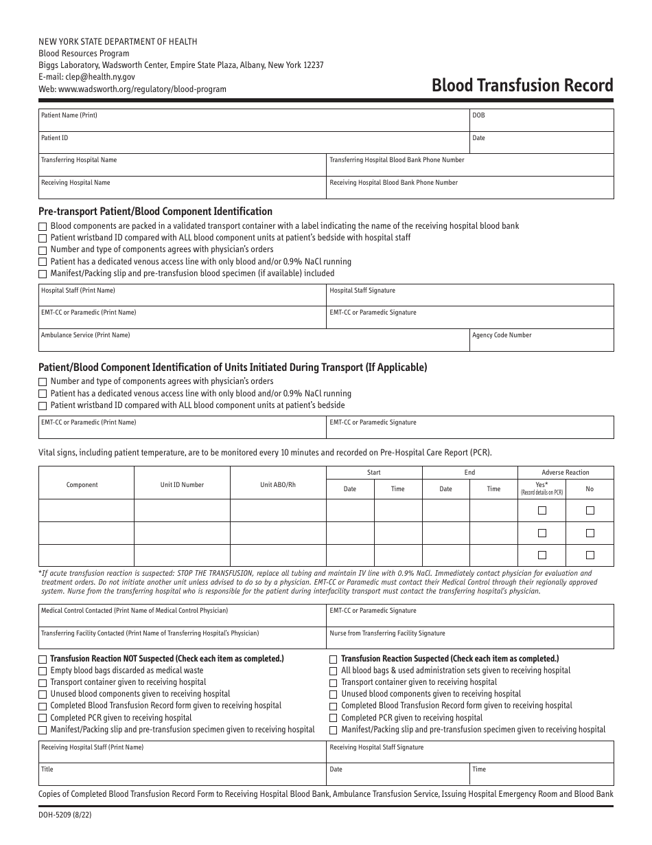 Form DOH-5209 Download Fillable PDF or Fill Online Blood Transfusion ...
