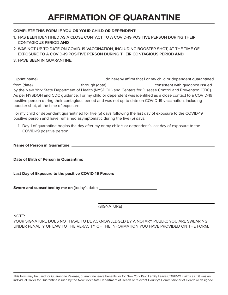 New York Affirmation of Quarantine - Fill Out, Sign Online and Download ...