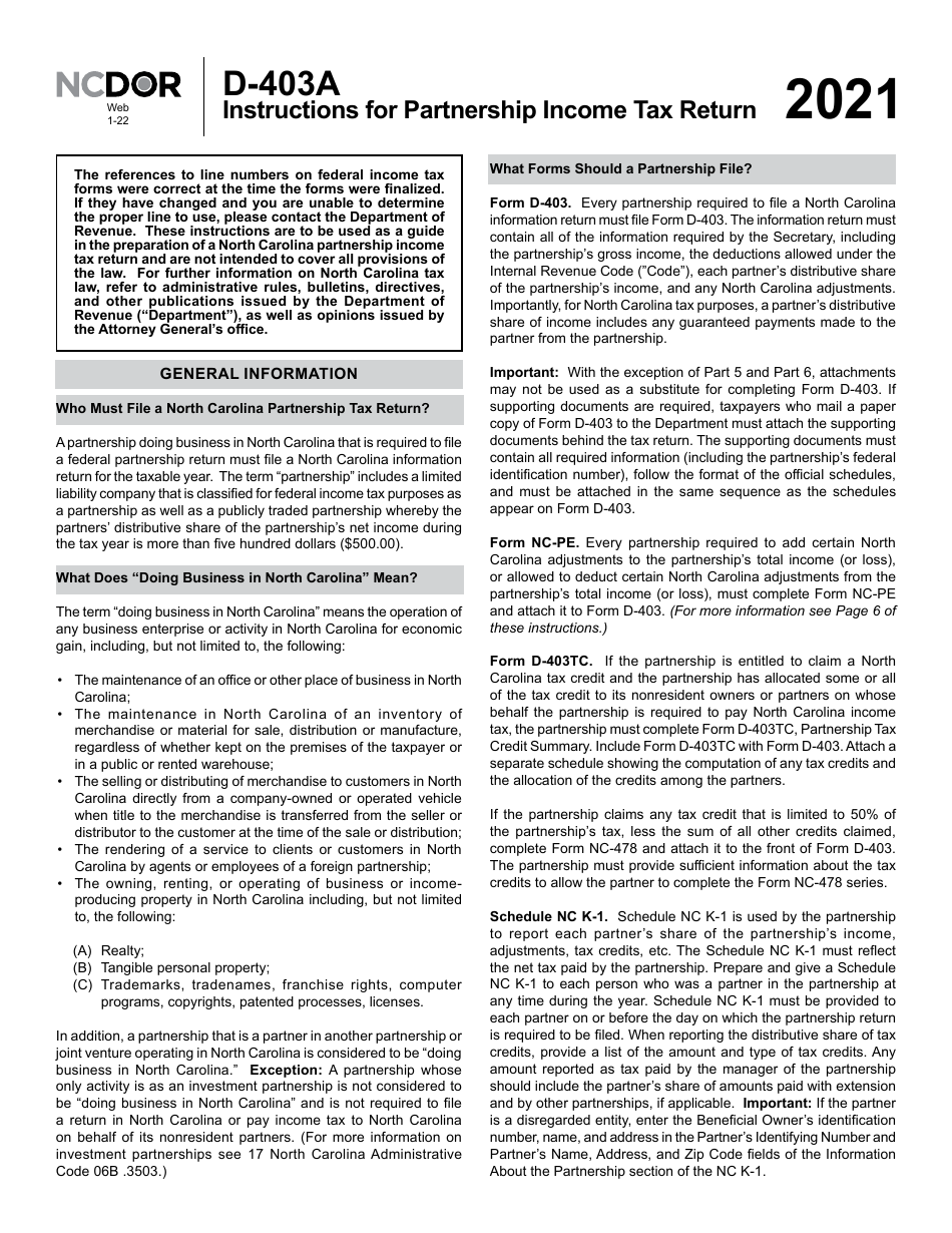 Download Instructions for Form D-403 Partnership Income Tax Return PDF ...