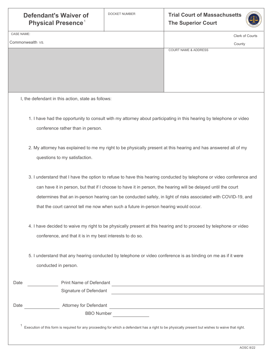 Massachusetts Defendant's Waiver of Physical Presence Download Fillable ...