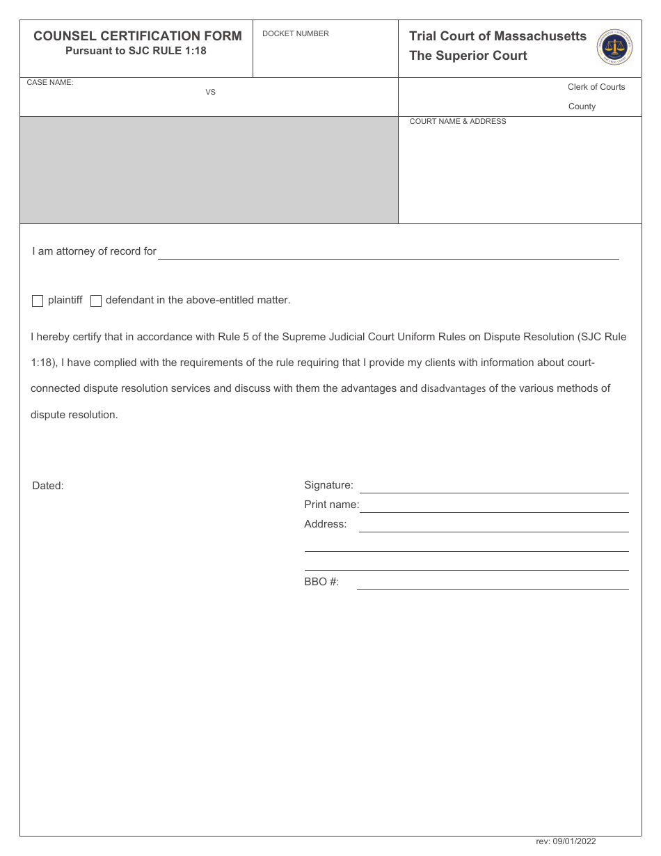 Massachusetts Counsel Certification Form - Fill Out, Sign Online and Download PDF | Templateroller