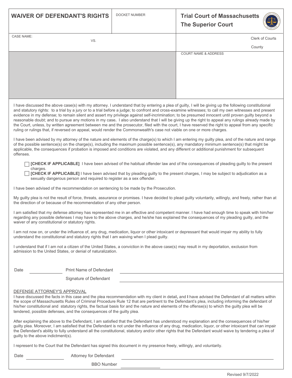 Massachusetts Waiver of Defendant's Rights - Fill Out, Sign Online and ...