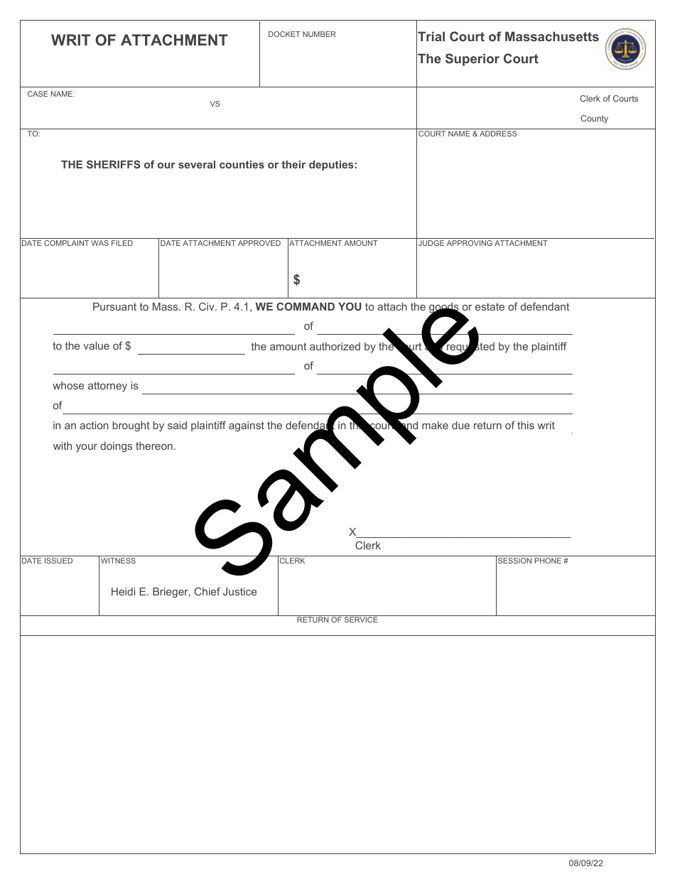 Massachusetts Writ of Attachment - Sample - Fill Out, Sign Online and ...