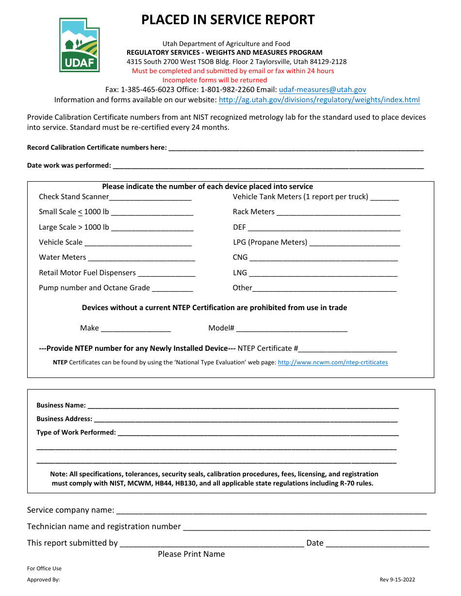 Utah Placed in Service Report Download Printable PDF 2020 — 2025 ...
