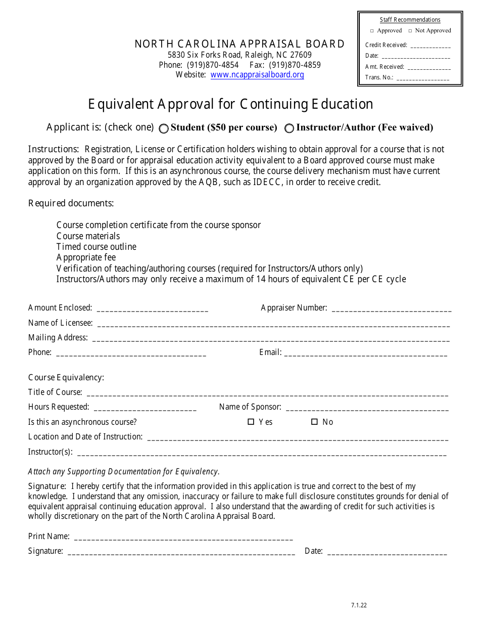 North Carolina Equivalent Approval for Continuing Education Download Fillable PDF | Templateroller