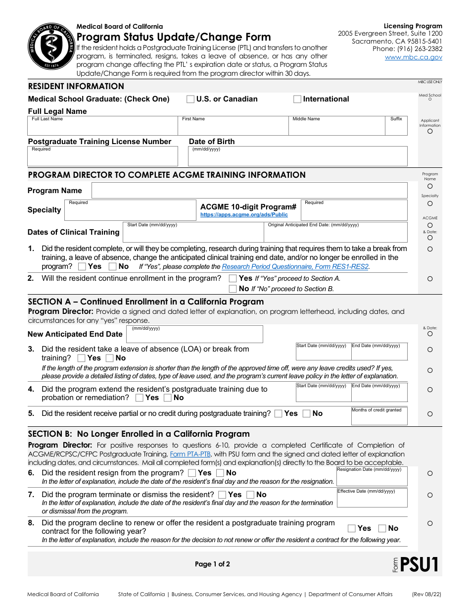 Form PSU - Fill Out, Sign Online and Download Fillable PDF, California | Templateroller