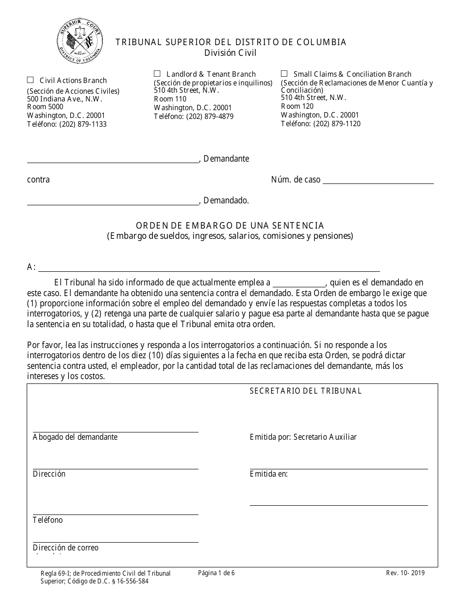 Washington, D.C. Orden De Embargo De Una Sentencia (Embargo De Sueldos ...