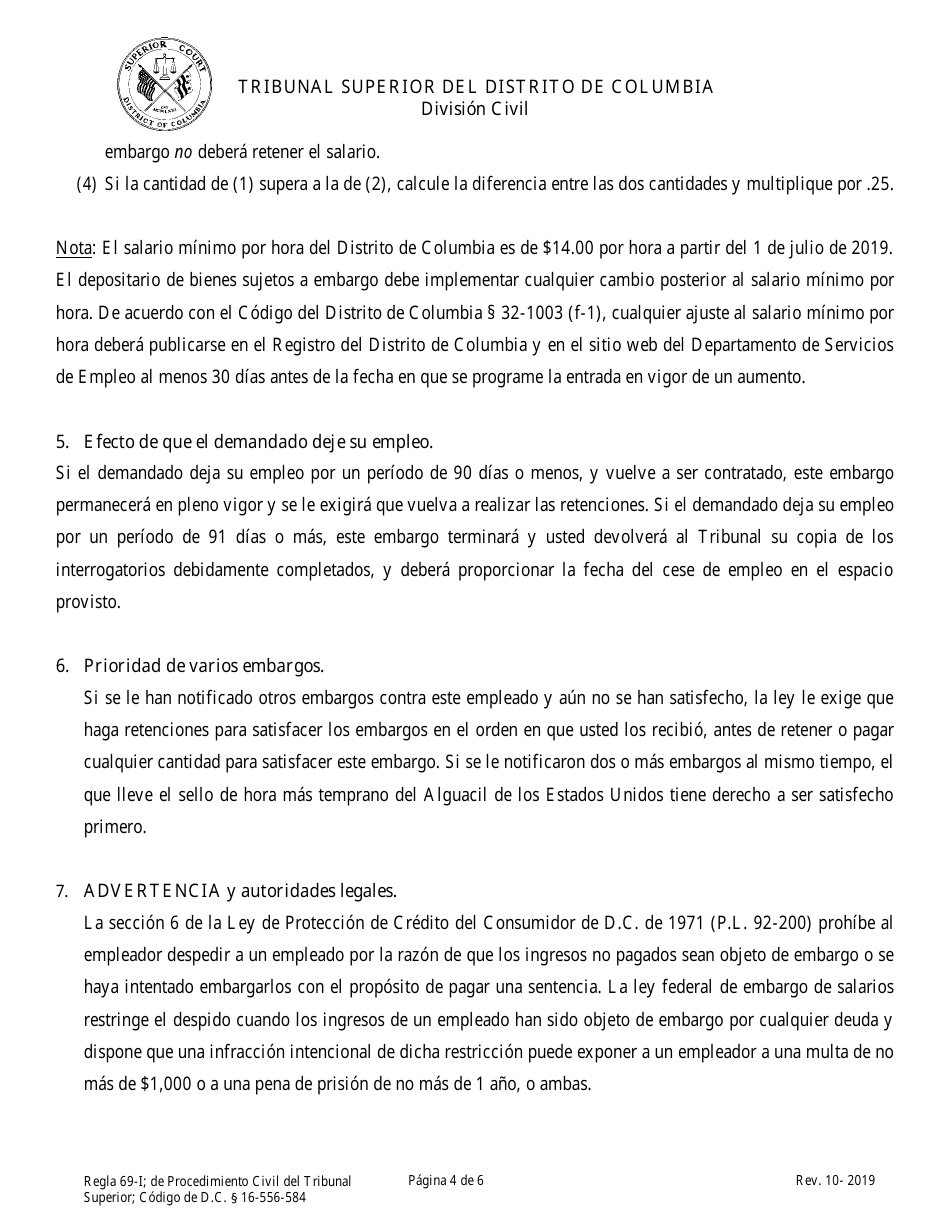 Washington, D.C. Orden De Embargo De Una Sentencia (Embargo De Sueldos, Ingresos, Salarios ...