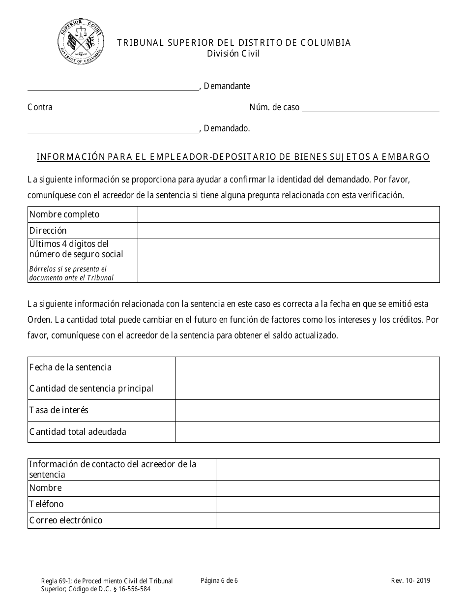 Washington, D.C. Orden De Embargo De Una Sentencia (Embargo De Sueldos, Ingresos, Salarios ...