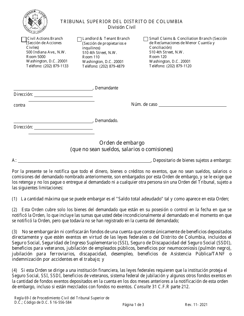Washington, D.C. Orden De Embargo (Que No Sean Sueldos, Salarios O ...