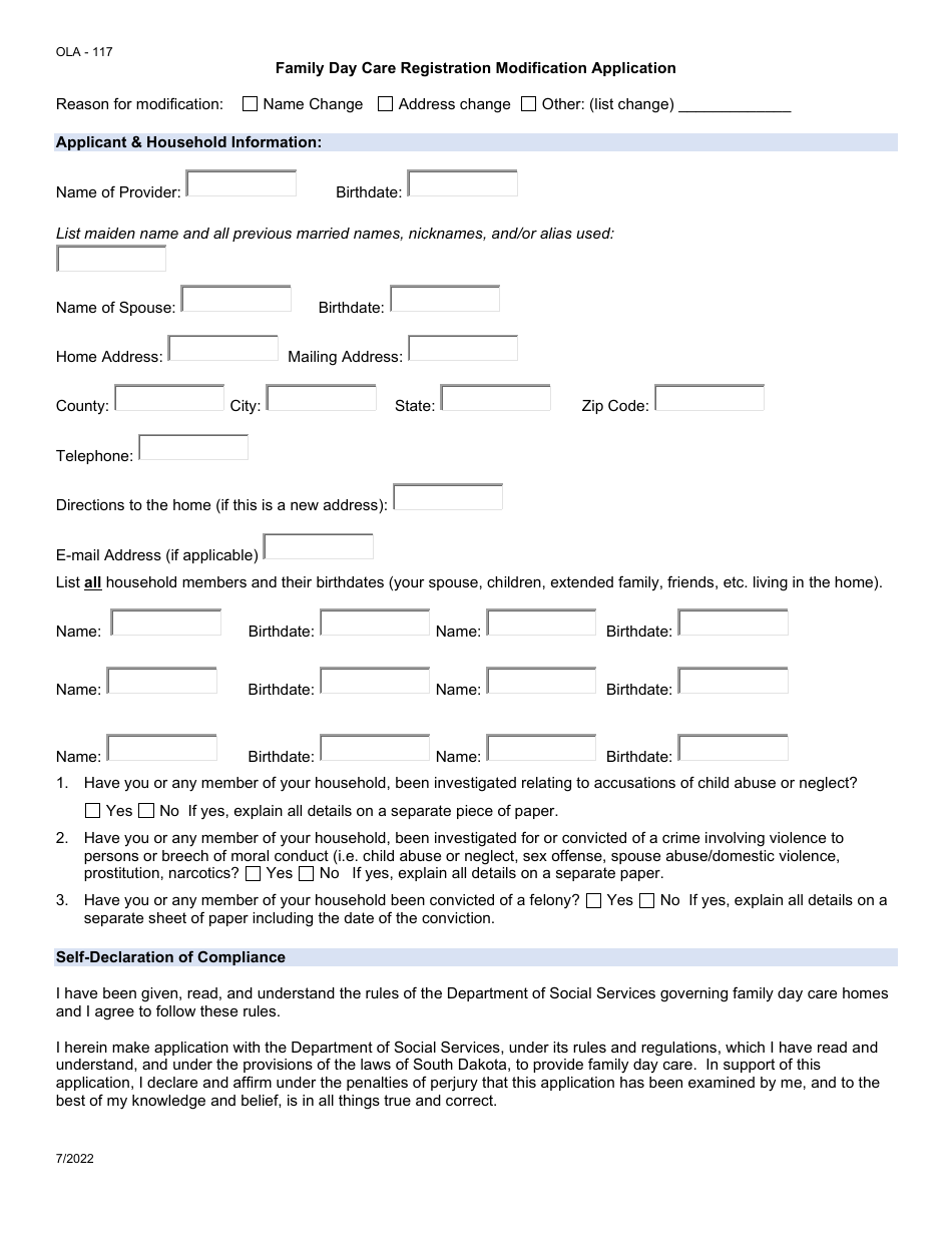 Form OLA-117 - Fill Out, Sign Online and Download Printable PDF, South ...