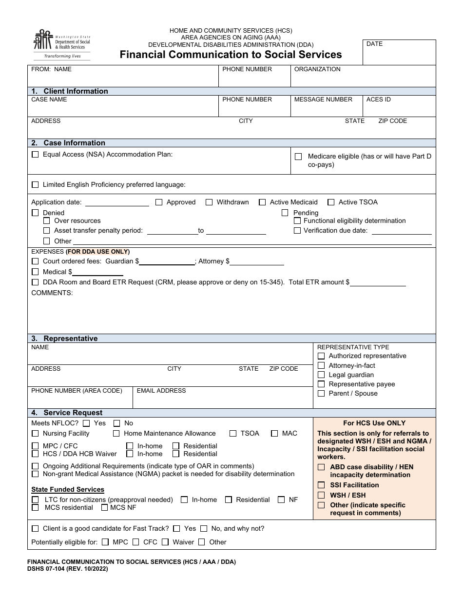 DSHS Form 07-104 Download Printable PDF or Fill Online Financial ...
