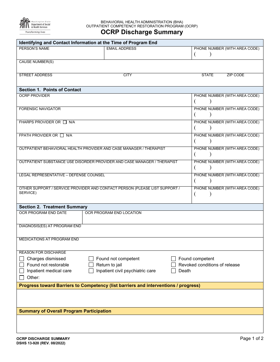 DSHS Form 13-920 Download Printable PDF or Fill Online Ocrp Discharge ...