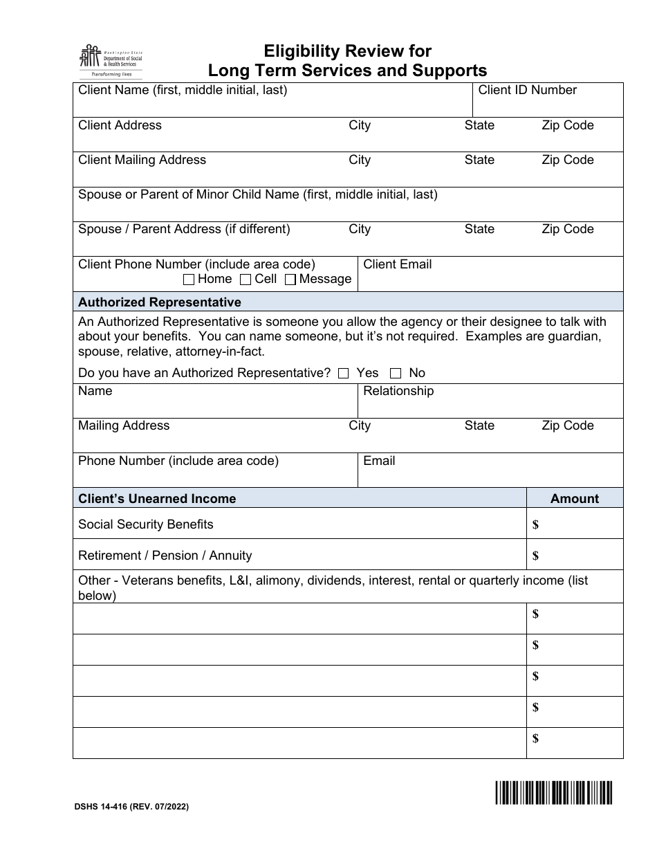 DSHS Form 14-416 Download Printable PDF or Fill Online Eligibility ...