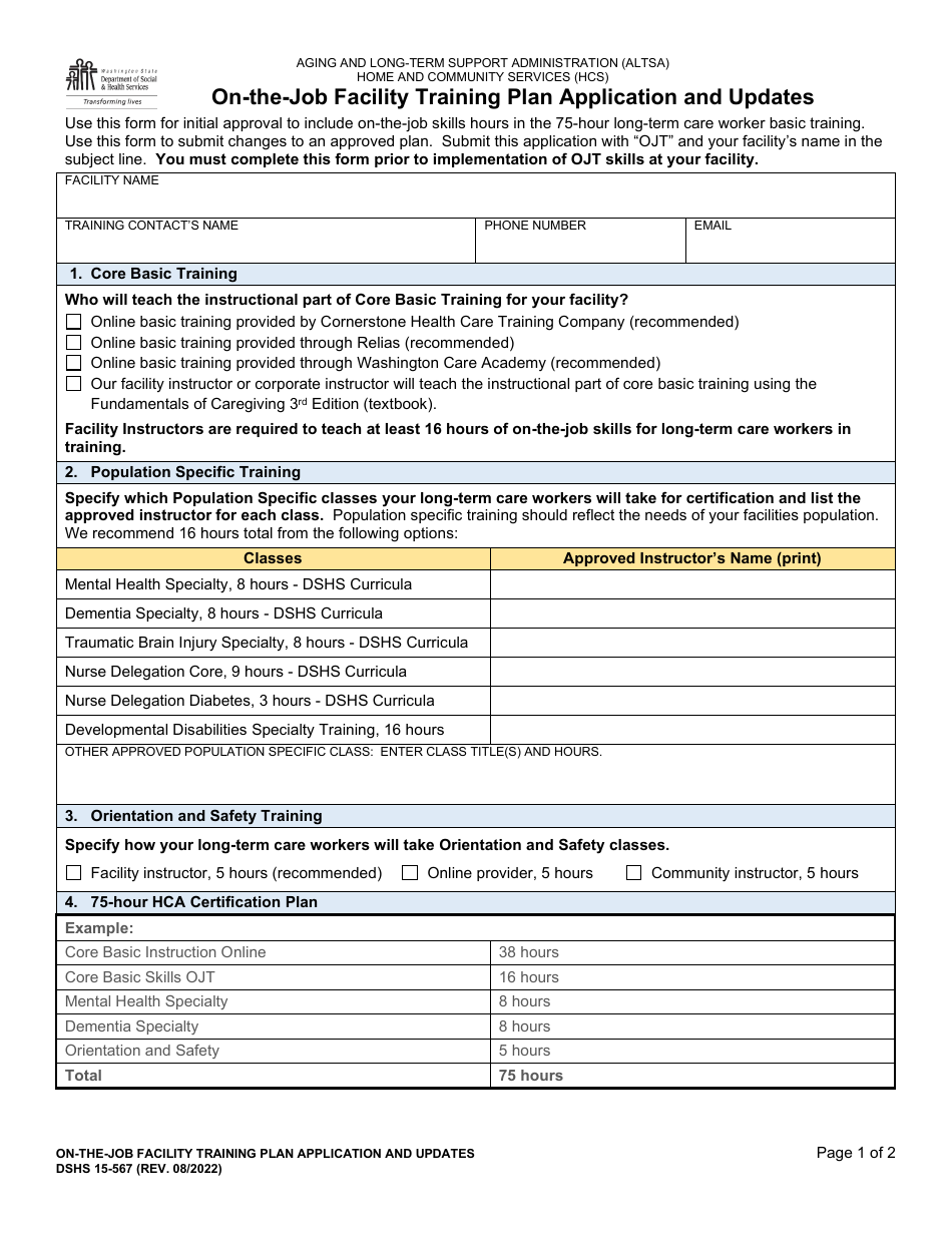 DSHS Form 15-567 Download Printable PDF or Fill Online On-The-Job ...