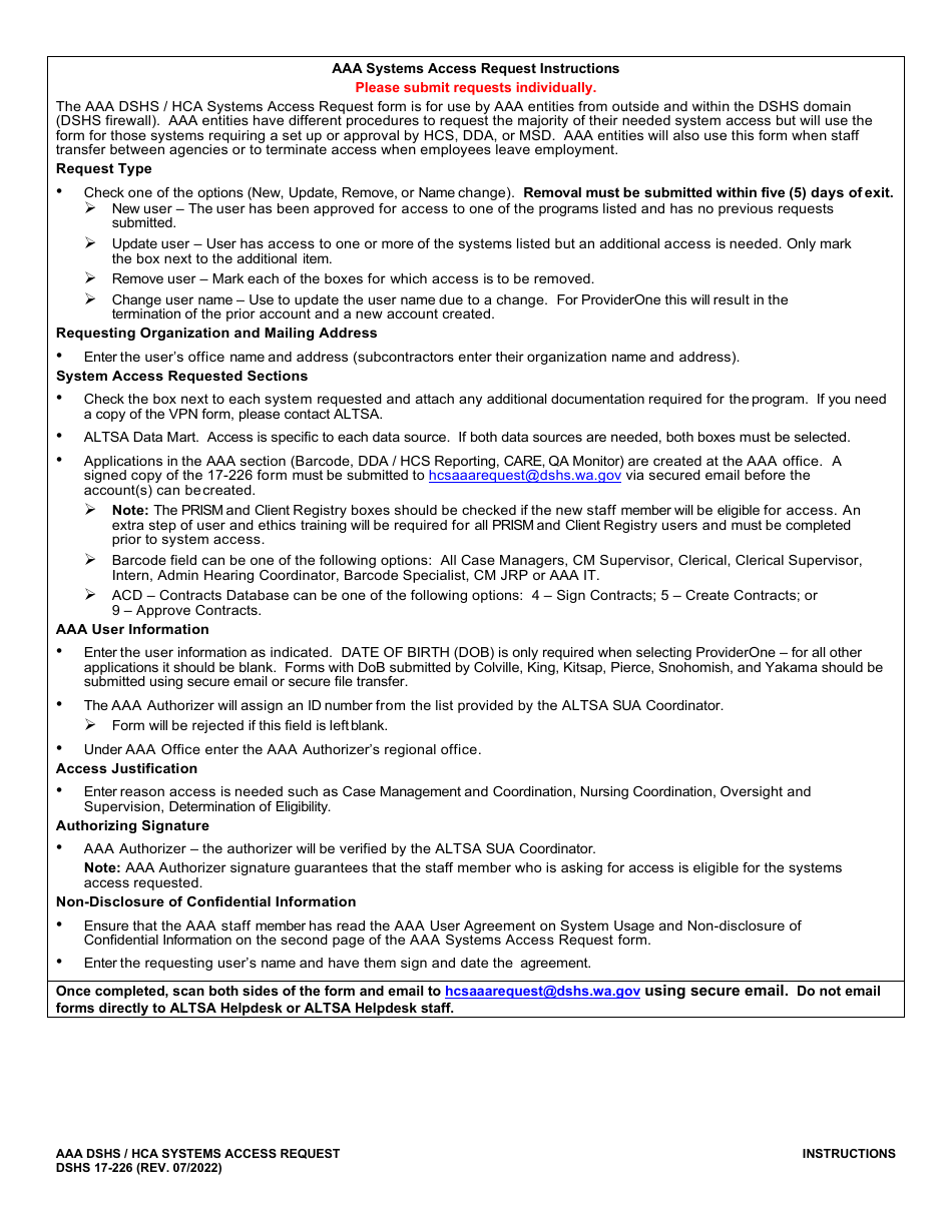 Download Instructions for DSHS Form 17-226 Aaa Dshs/Hcs Systems Access ...