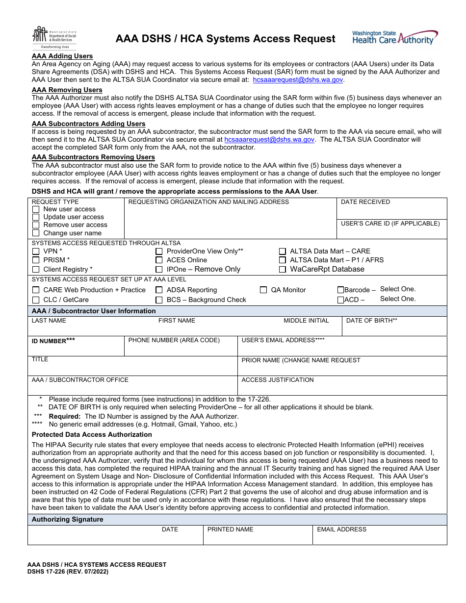 DSHS Form 17-226 - Fill Out, Sign Online and Download Fillable PDF ...
