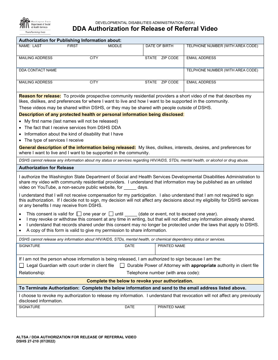 DSHS Form 27-210 - Fill Out, Sign Online and Download Printable PDF ...
