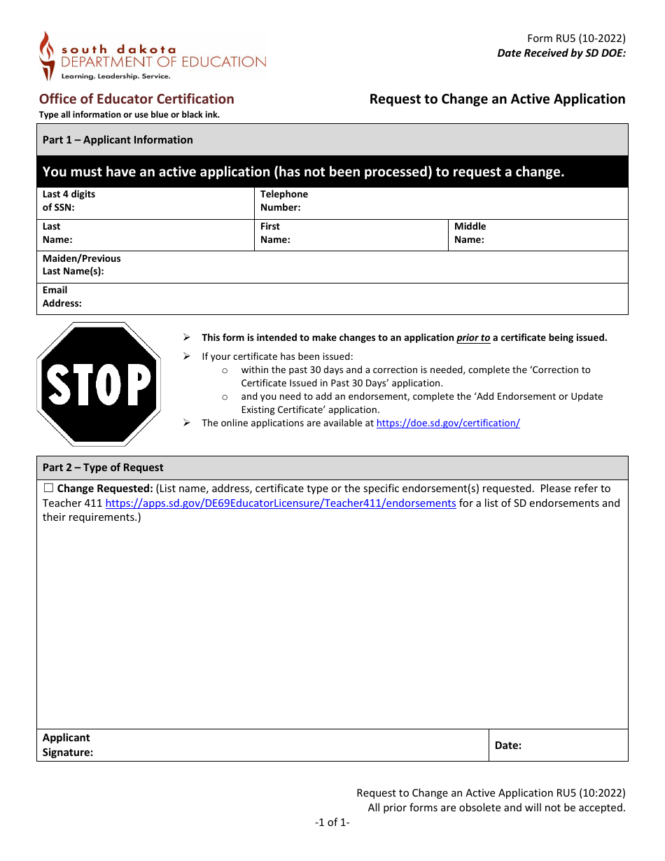 Form RU5 Download Printable PDF or Fill Online Request to Change an ...