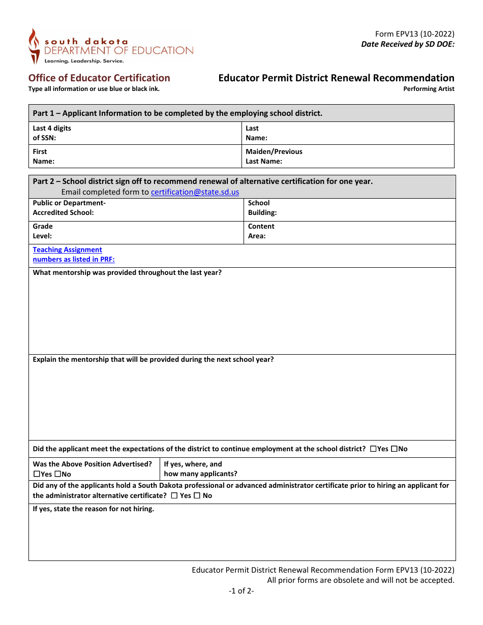 Form EPV13 Download Fillable PDF or Fill Online Educator Permit ...