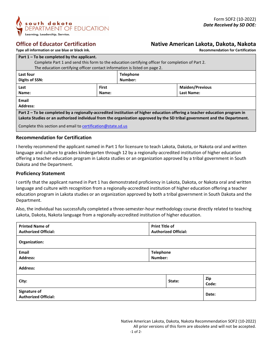 Form SOF2 Download Fillable PDF or Fill Online Native American Lakota ...