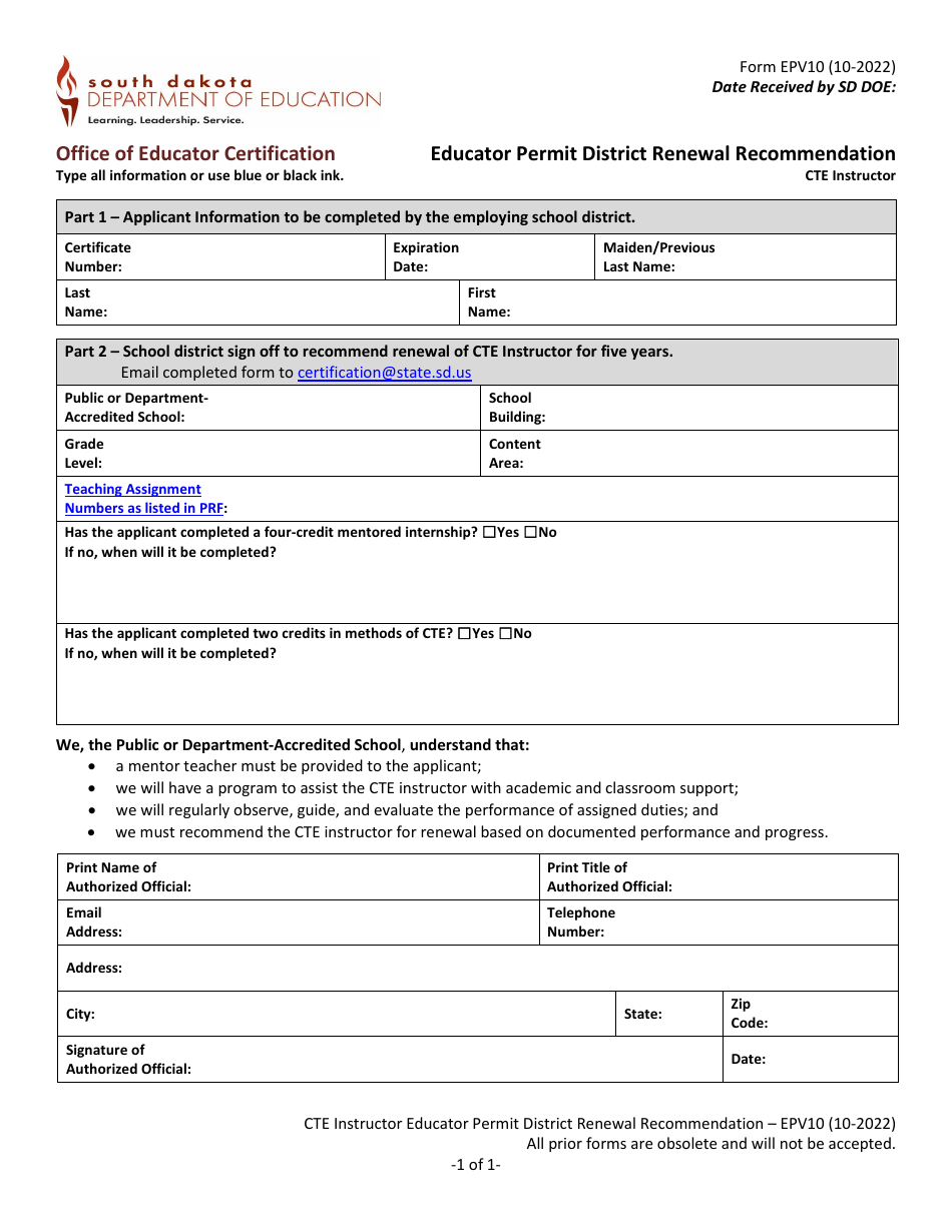 Form EPV10 Download Fillable PDF or Fill Online Educator Permit ...