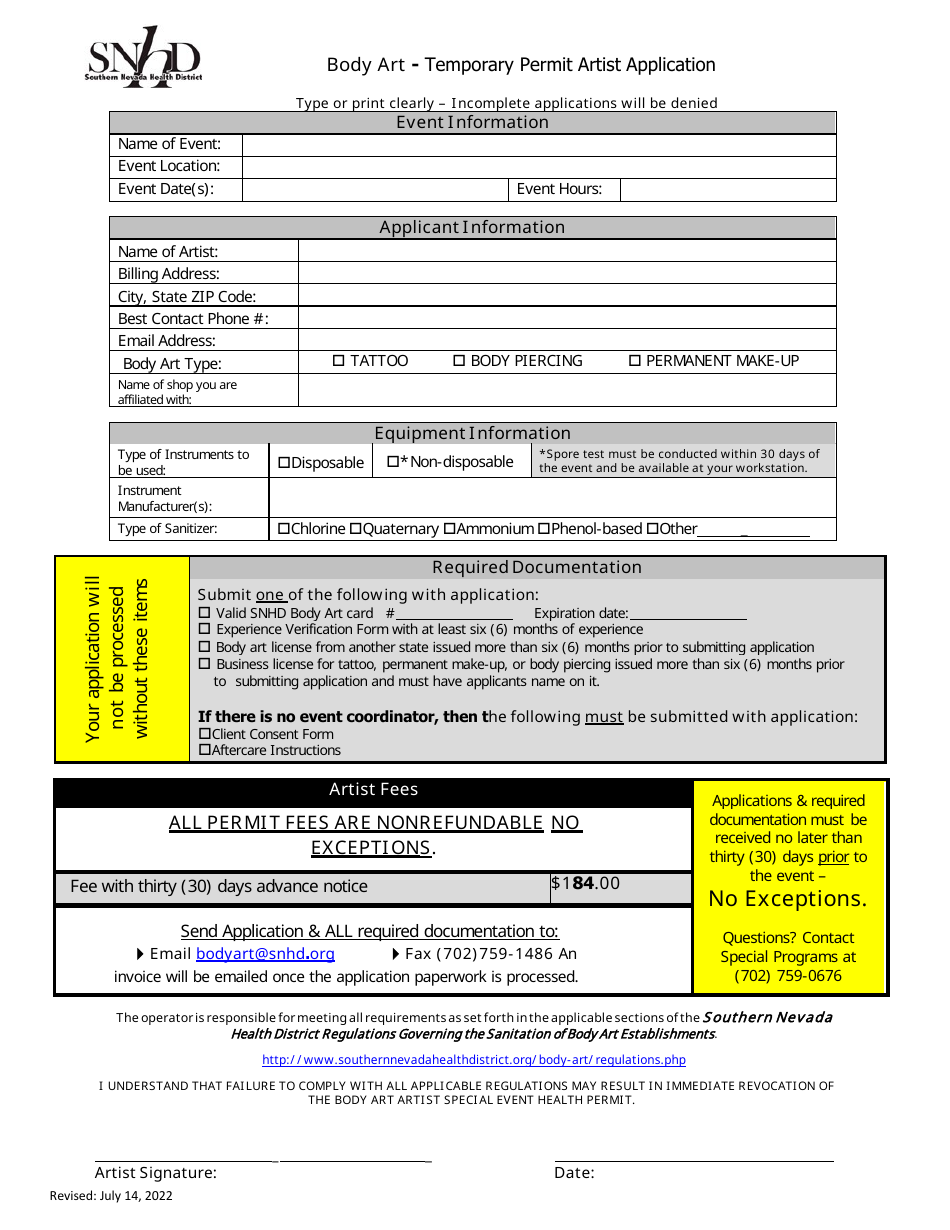 Nevada Body Art - Temporary Permit Artist Application - Fill Out, Sign ... Nevada Body Art - Temporary Permit Artist Application - Fill Out, Sign ...