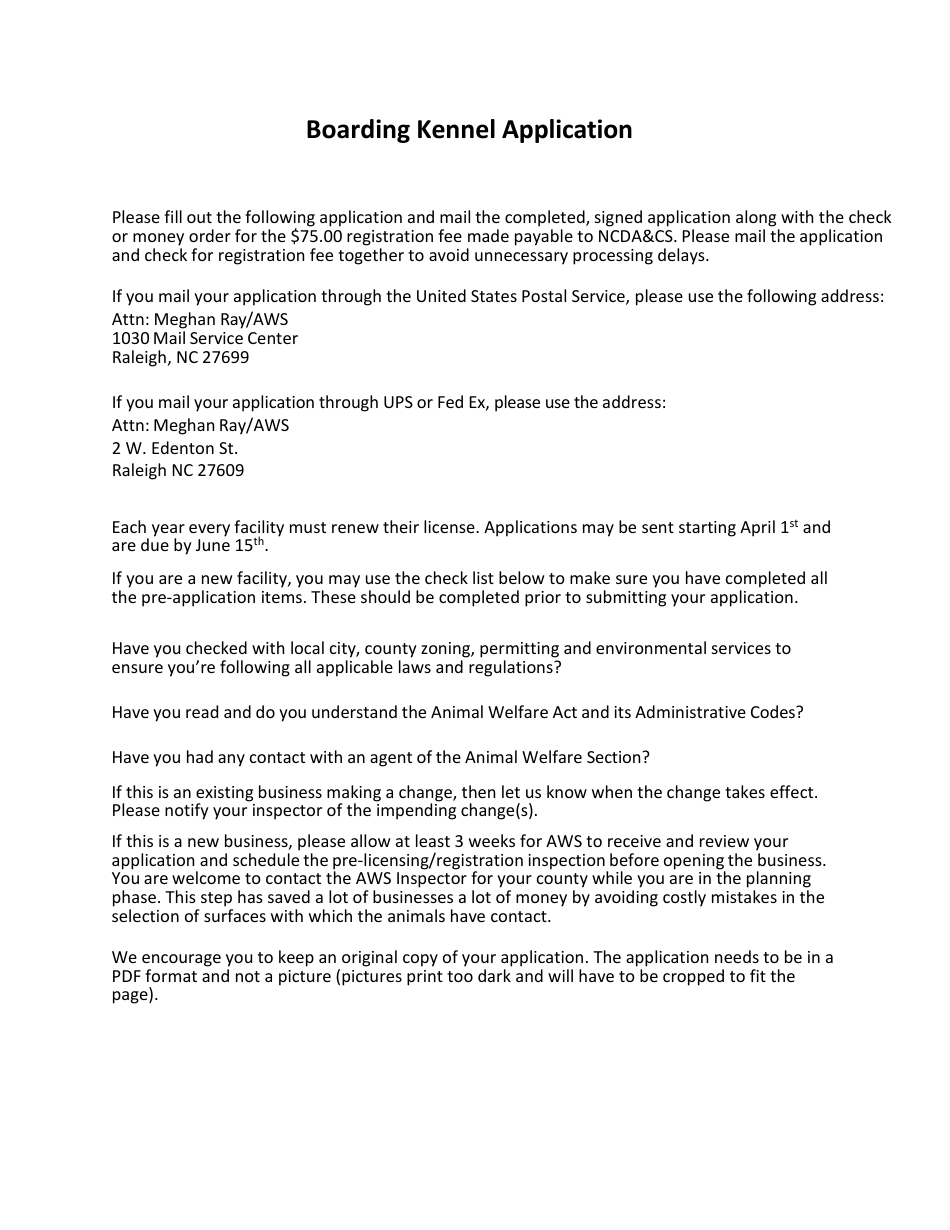 North Carolina Boarding Kennel Application - Fill Out, Sign Online and ...