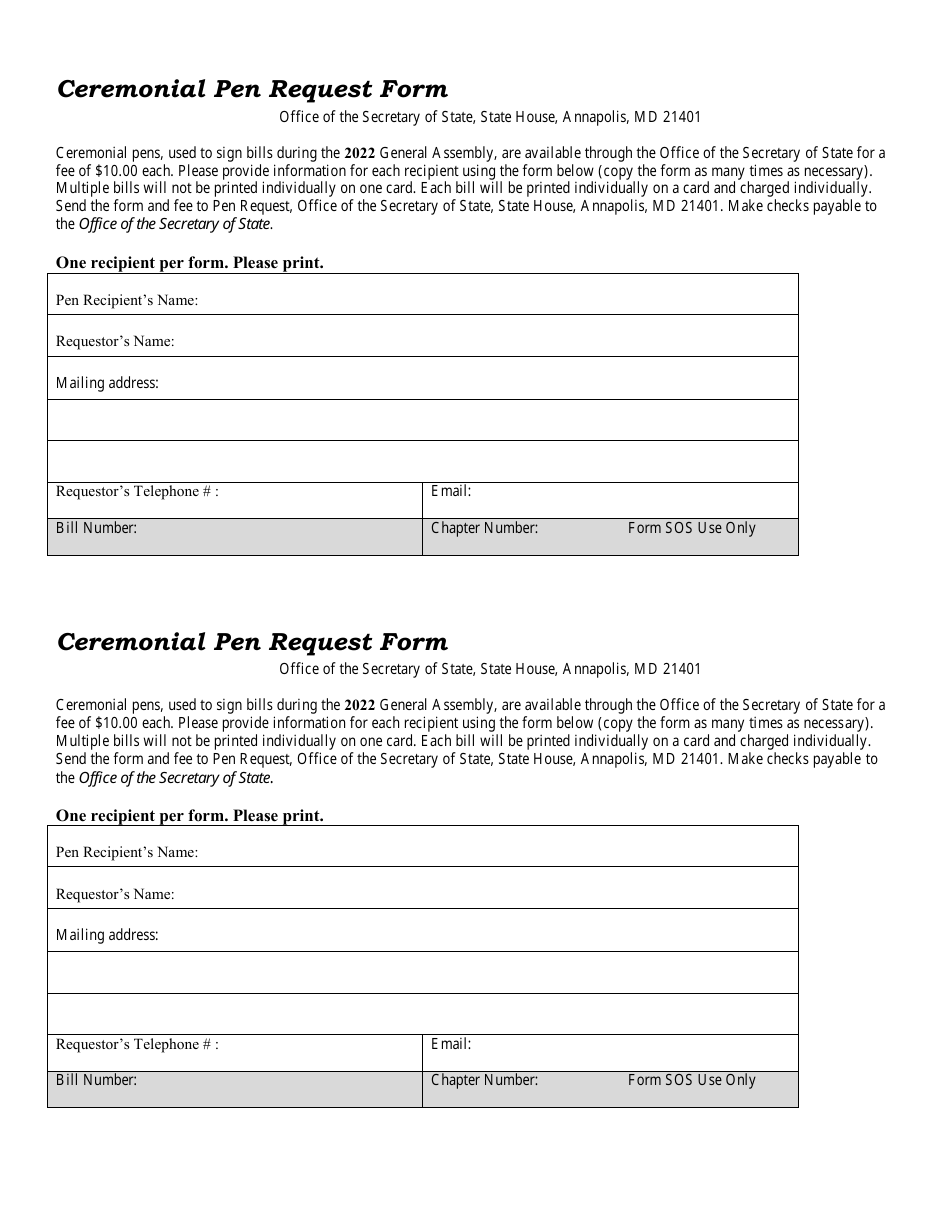 2022 Maryland Ceremonial Pen Request Form - Fill Out, Sign Online and ...