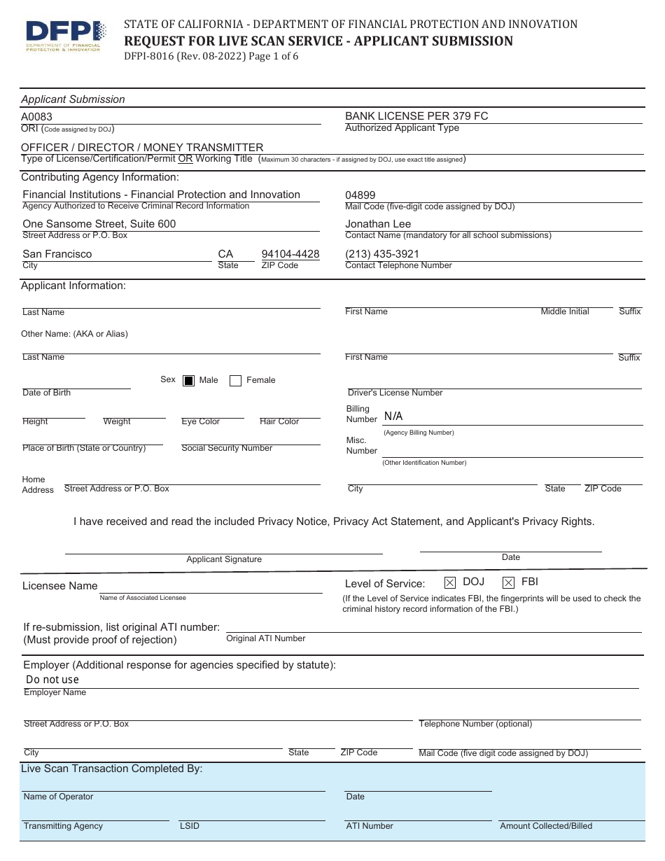 Form DFPI-MTD8016 - Fill Out, Sign Online and Download Fillable PDF ...