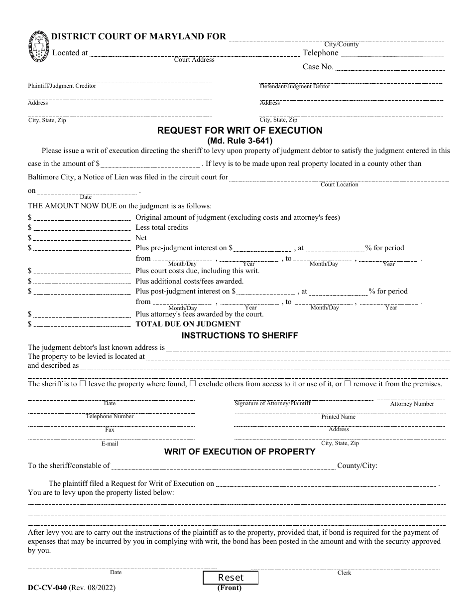Form DC-CV-040 Download Fillable PDF or Fill Online Request for Writ of Execution, Maryland 2021 ...